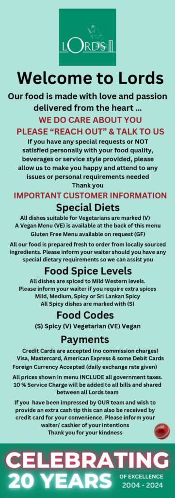 Dinner Menu – Lords Restaurant