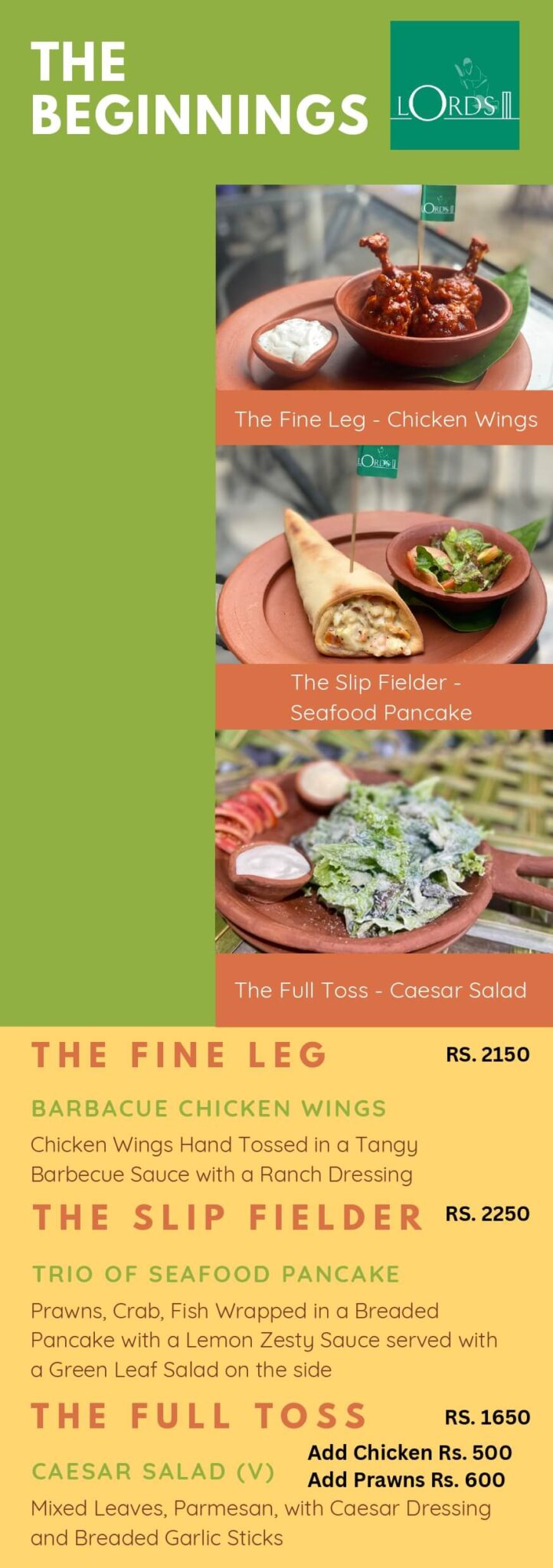 Dinner Menu – Lords Restaurant