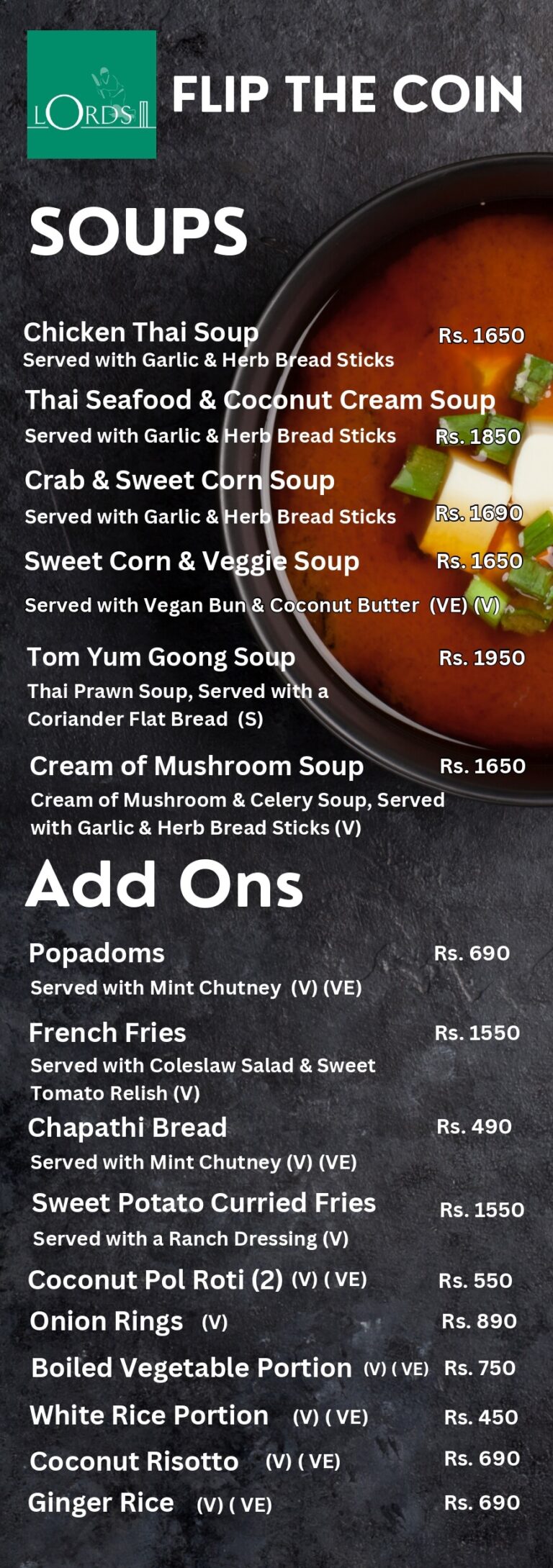 Dinner Menu – Lords Restaurant