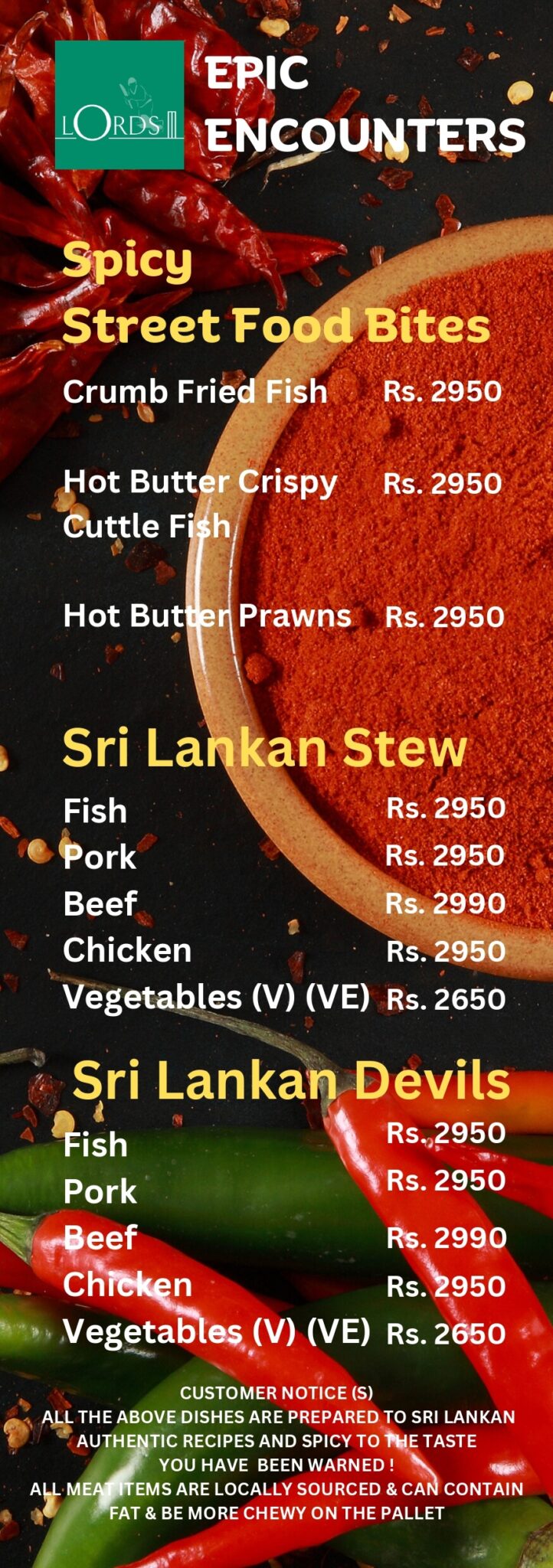 Dinner Menu – Lords Restaurant