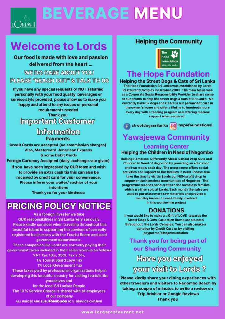 Beverage Menu – Lords Restaurant