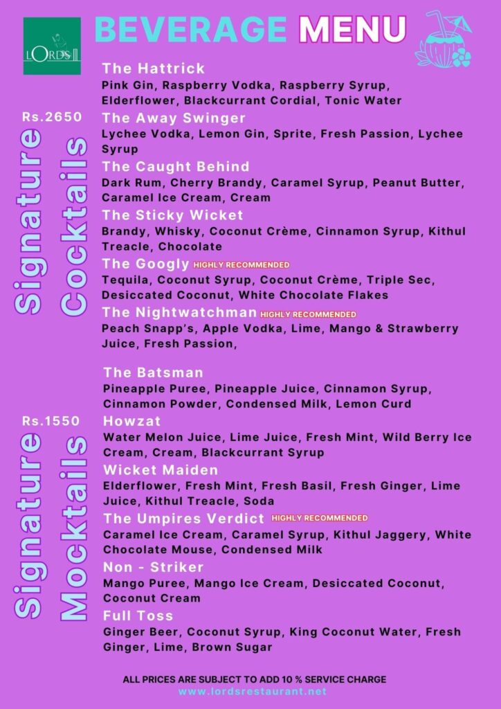 Beverage Menu – Lords Restaurant